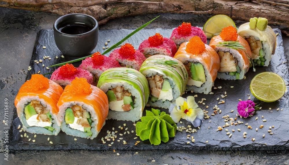 Delight in the vibrant hues of a Rainbow Sushi Roll, featuring salmon ...