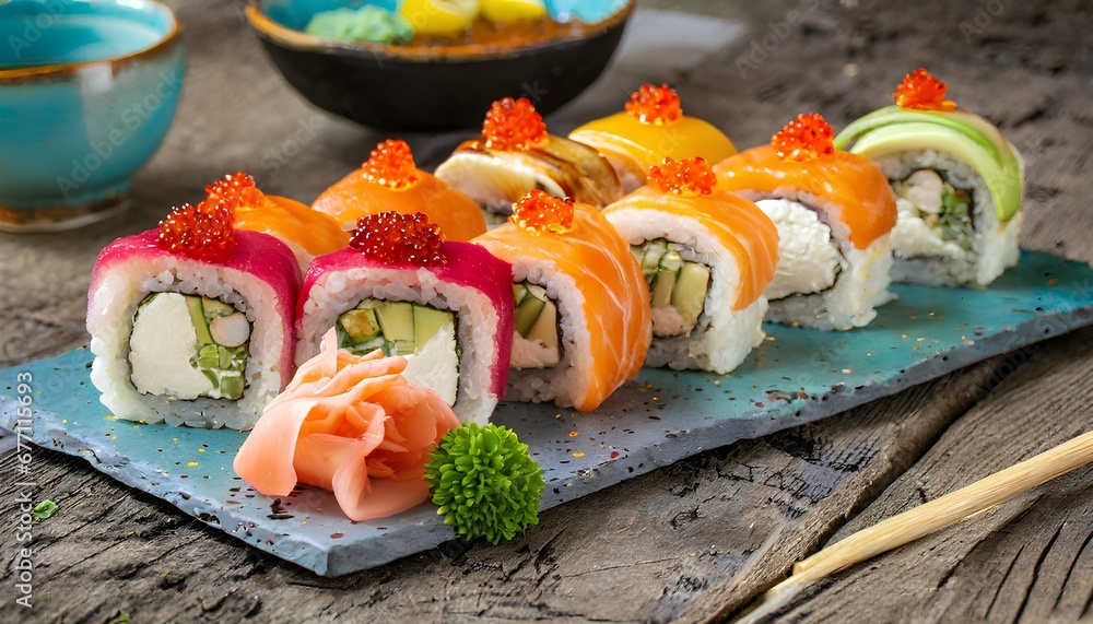 Delight in the vibrant hues of a Rainbow Sushi Roll, featuring salmon, eel, tuna, avocado, royal ...