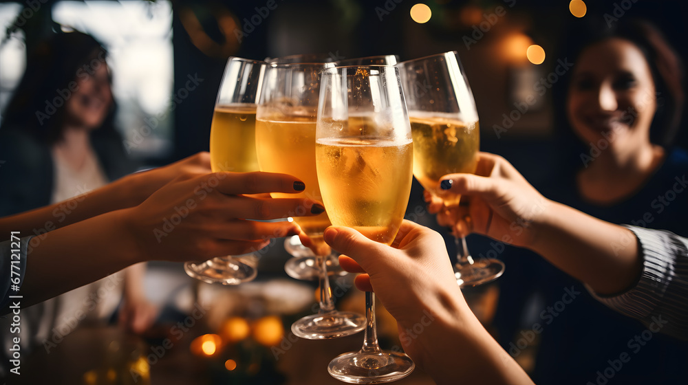 People making a toast with sparkling cider or non-alcoholic drinks ...