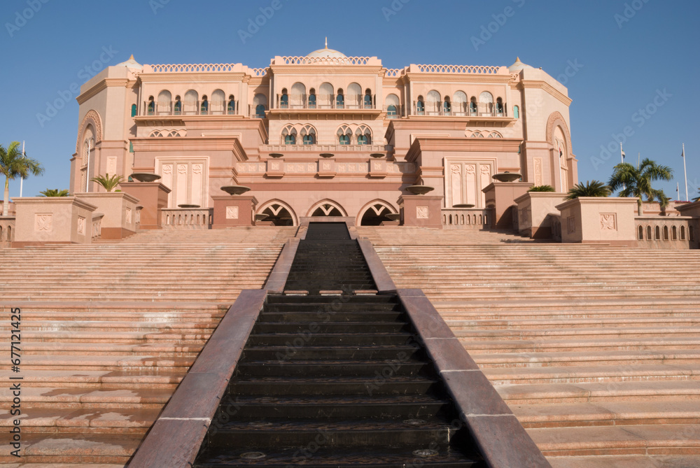Front view of the Emirates Palace Hotel, Abu Dhabi, looking up steps ...