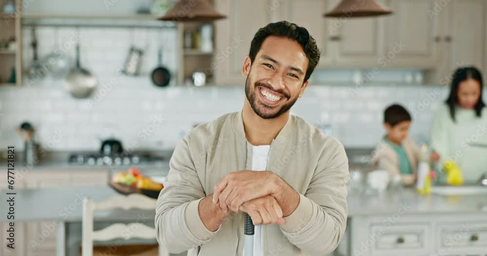Smile, sweeping and a man cleaning the home with his family on a ...
