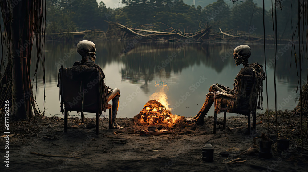 Hyper-Realistic Water Style Art of Two Men and Skeletons by a Bonfire ...