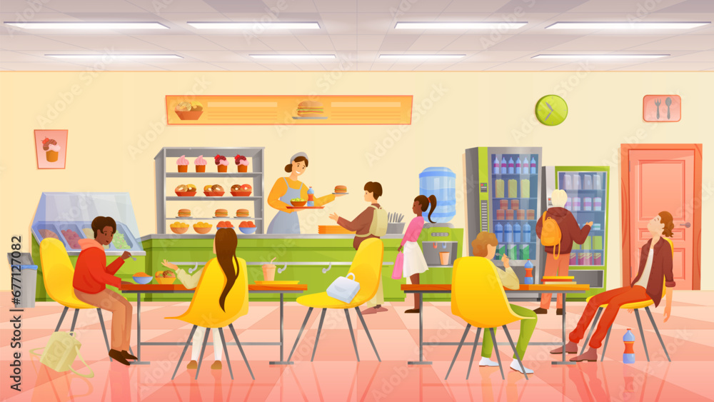 Childrens lunch in school canteen vector illustration. Cartoon students ...