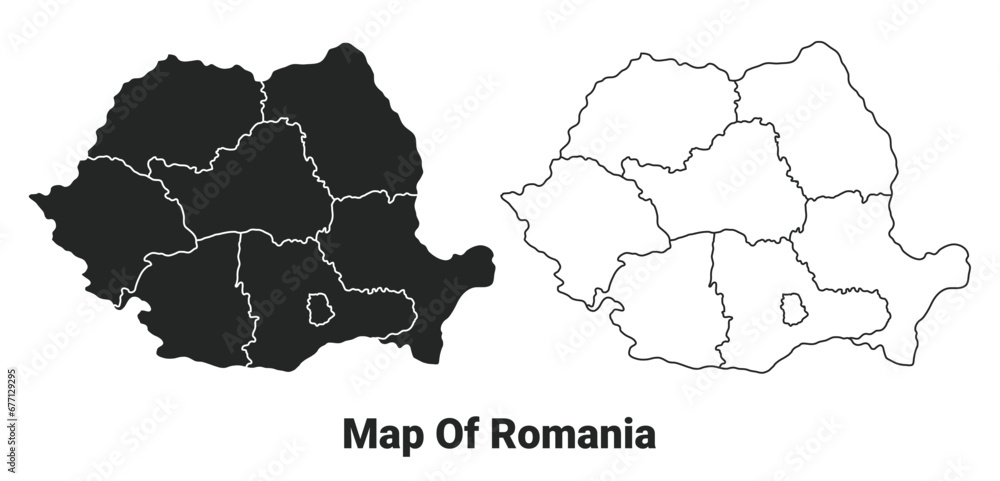 Vector Black map of Romania country with borders of regions Stock ...