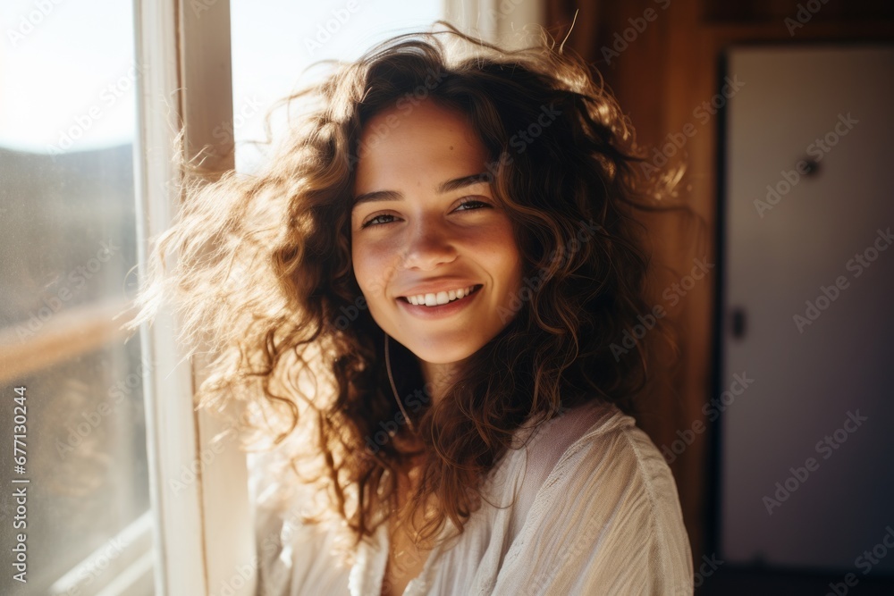 Mujer joven en calma y sonriente, estabilidad emocional y salud mental ...