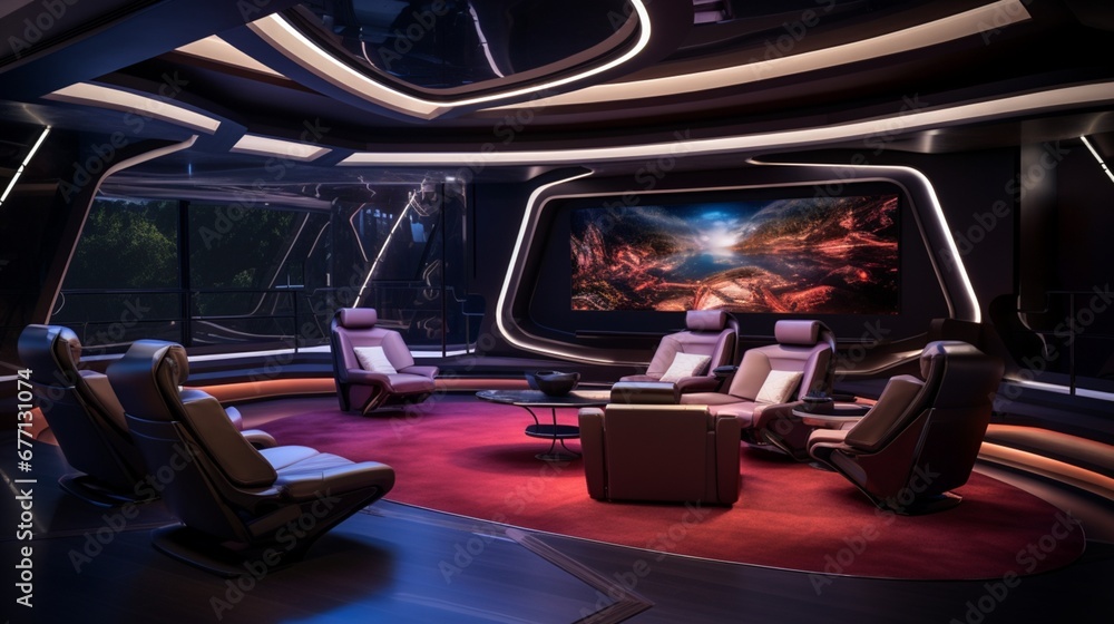 A futuristic home theater with LED-accented walls, reclining leather ...