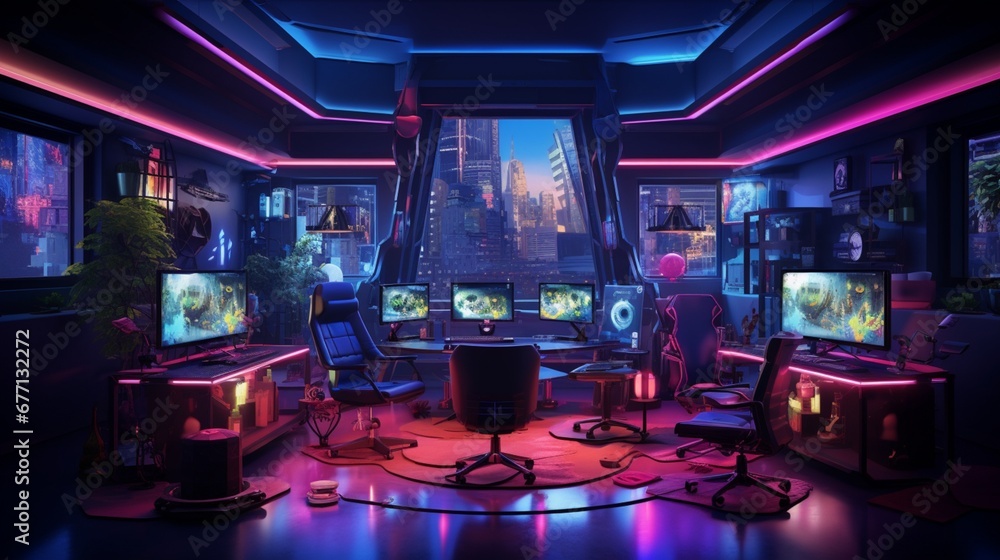 A high-tech gaming room with neon lights, gaming chairs, and multiple ...