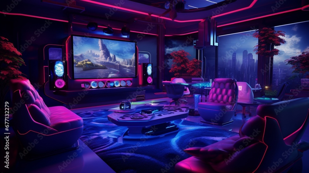 A high-tech gaming room with RGB lighting, gaming pods, and virtual ...