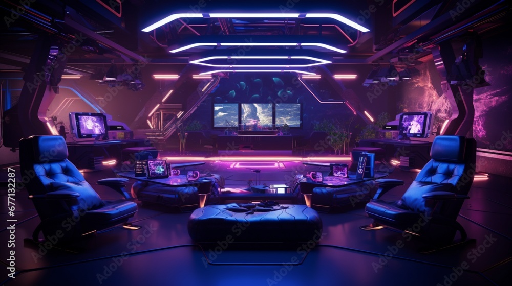 Foto de A high-tech gaming room with RGB lighting, gaming pods, and ...