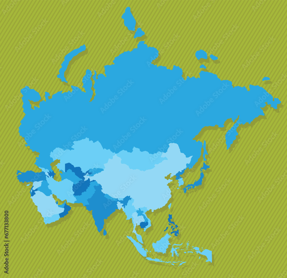 Asia map with regions blue political map green background vector ...