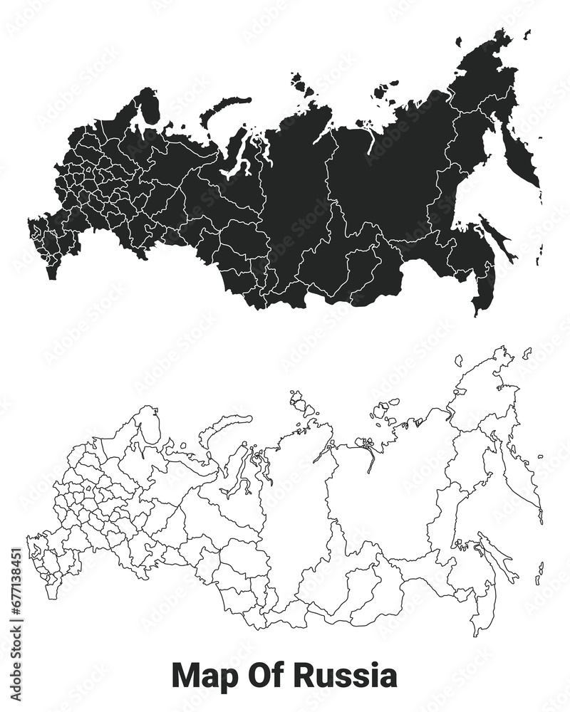 Vector Black map of Russia country with borders of regions Stock Vector ...