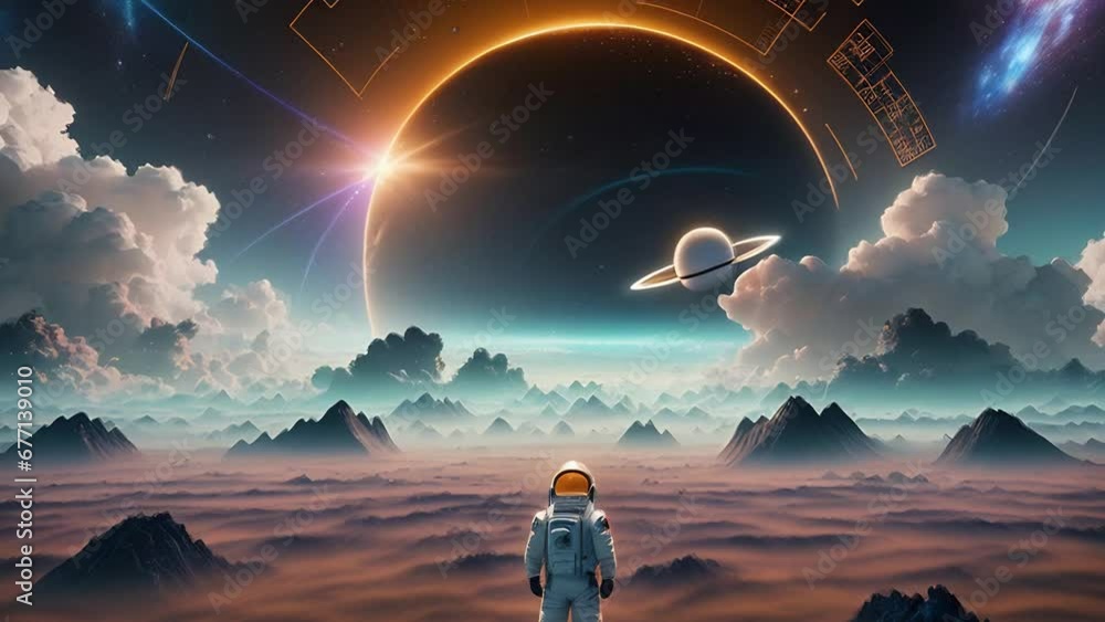 Astronaut exploring an alien planet, surrealistic animation. Dreamy ...