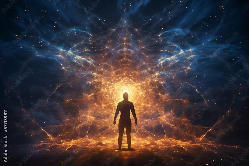 Man surrounded by a dynamic and vibrant energy field, visually ...