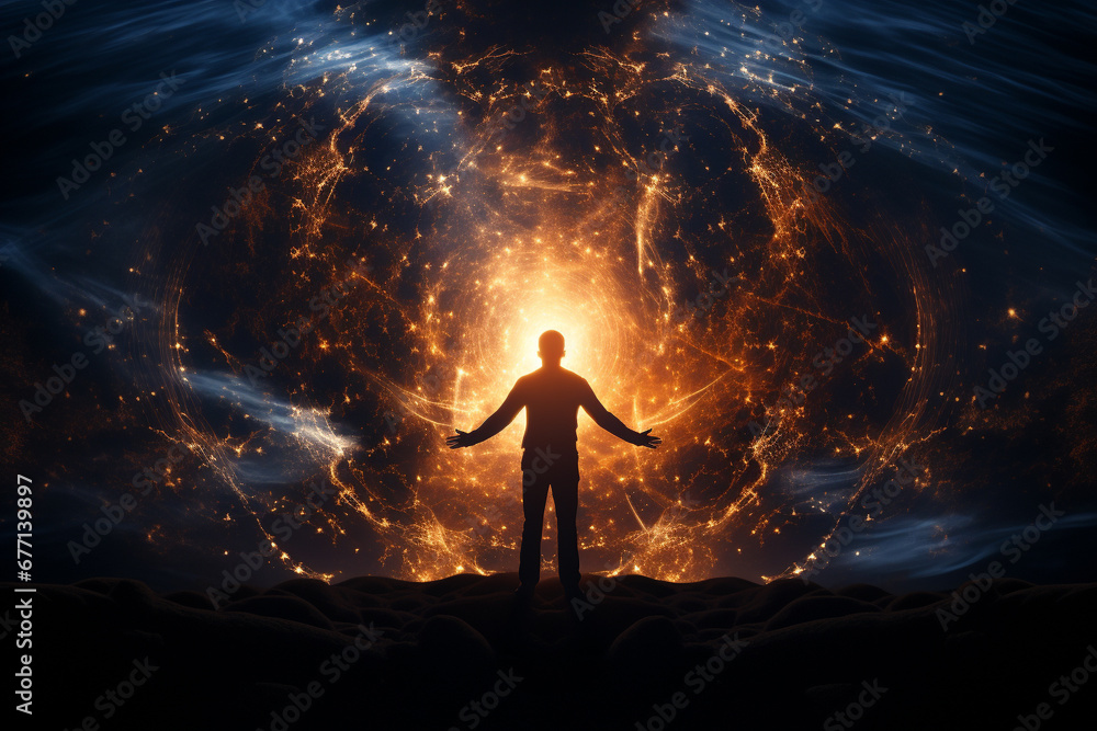 Man surrounded by a dynamic and vibrant energy field, visually ...