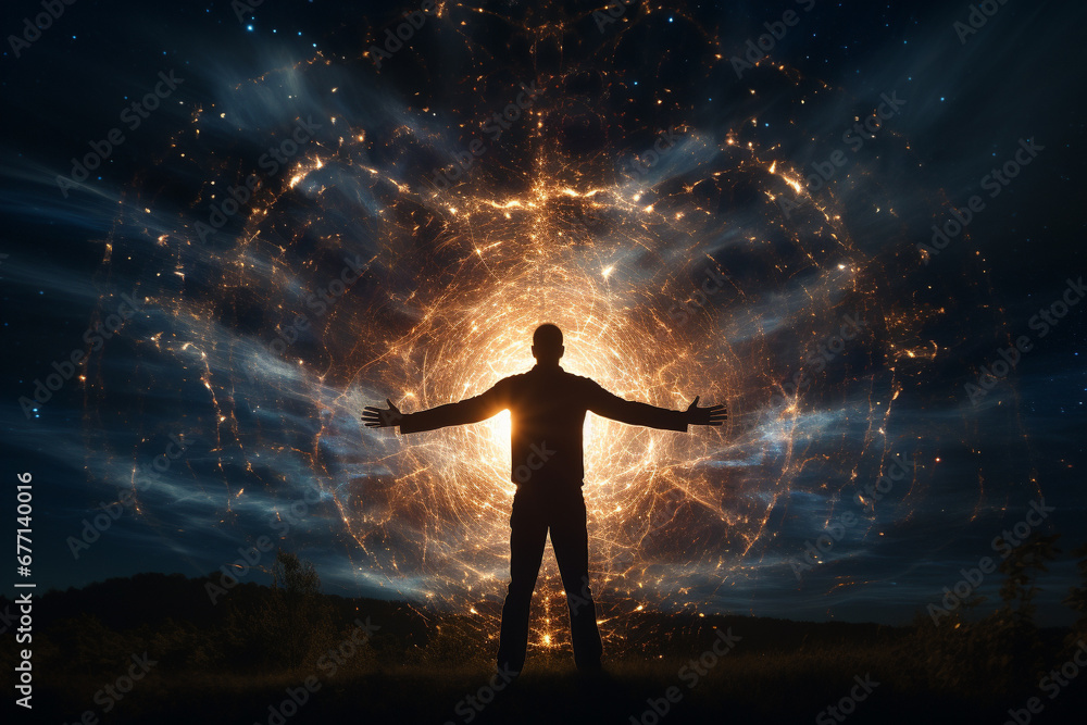 Man surrounded by a dynamic and vibrant energy field, visually ...