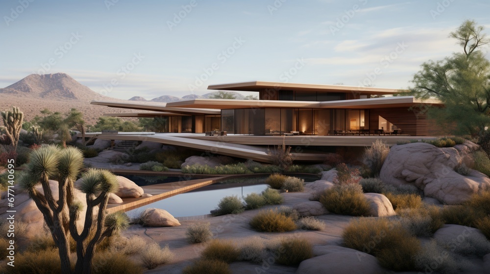 A modernist desert home with flat roofs, large cantilevered overhangs ...