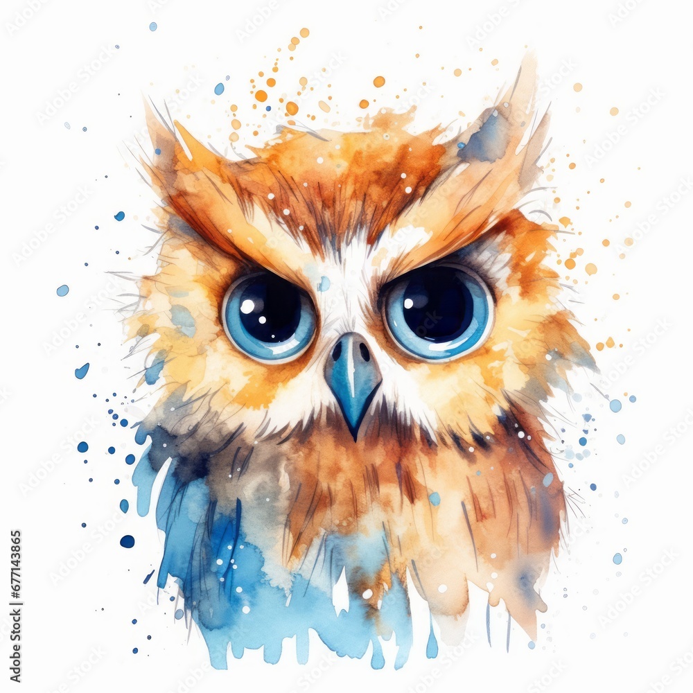 Watercolour drawing of the upper body of an owl with a stern look ...