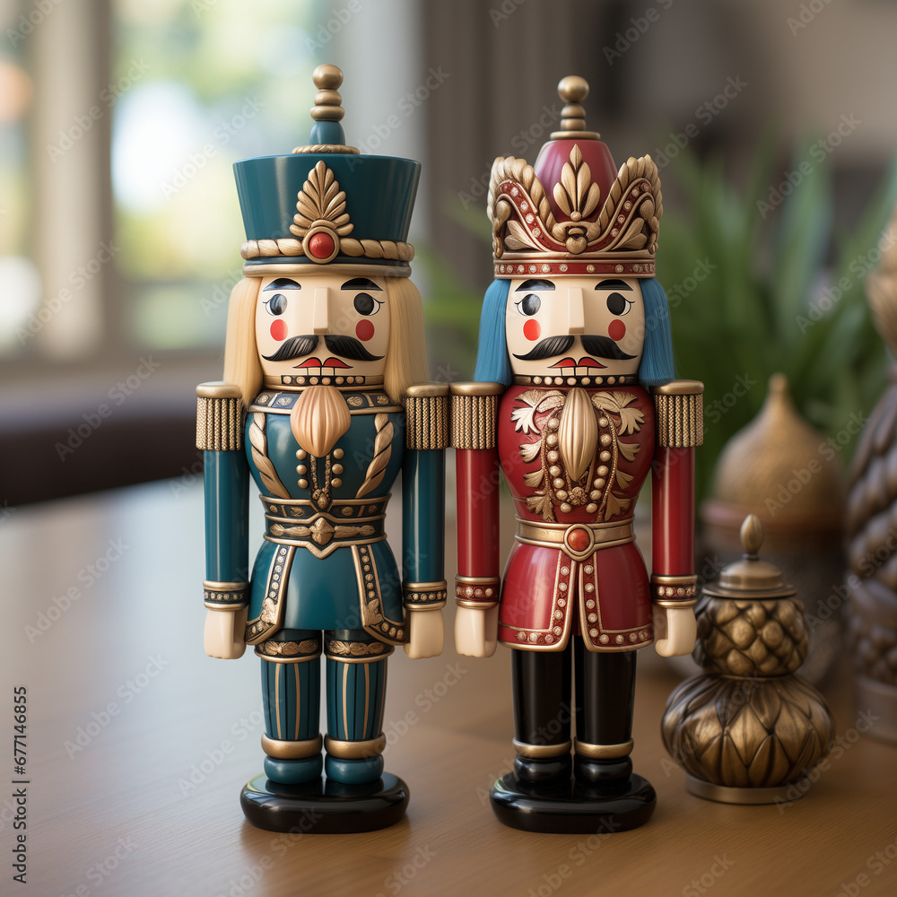 Nutcracker Duo: Standing proudly on a clean white surface, two classic ...