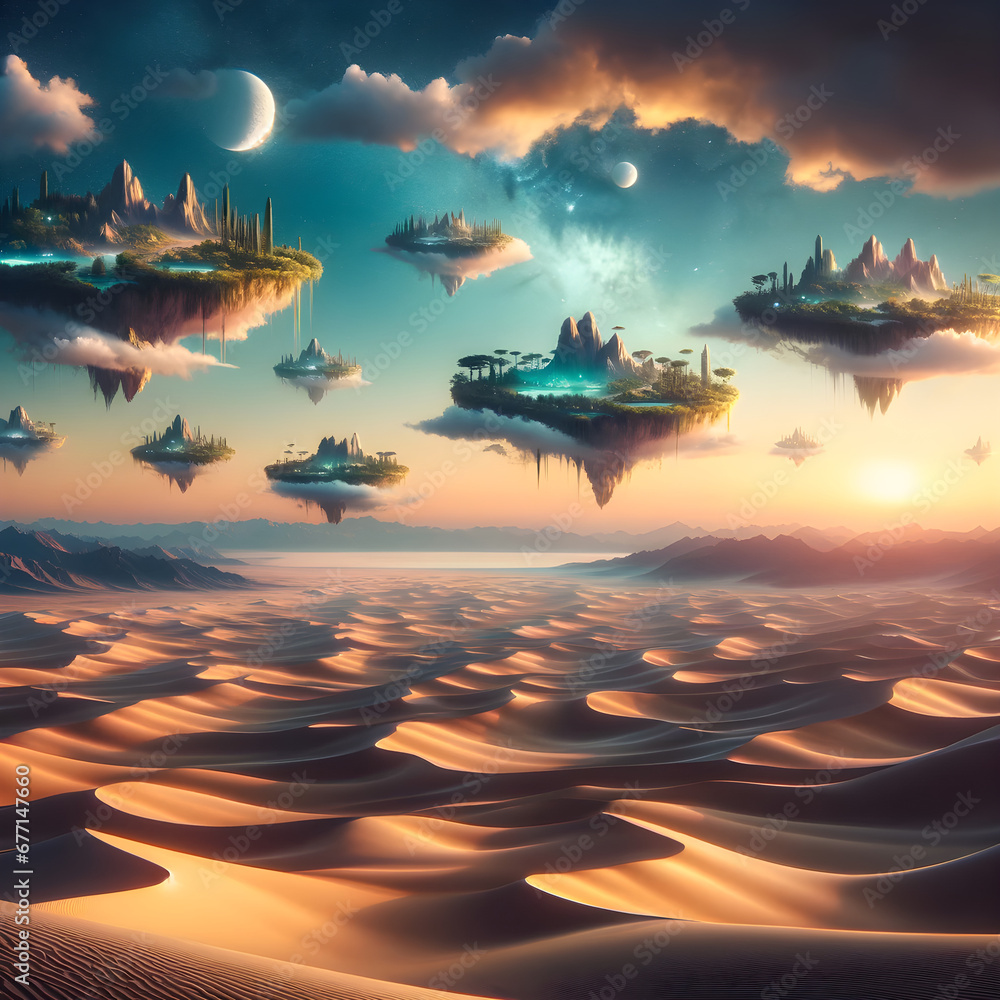 Surreal Desert Landscape with Floating Islands and Celestial Skies ...
