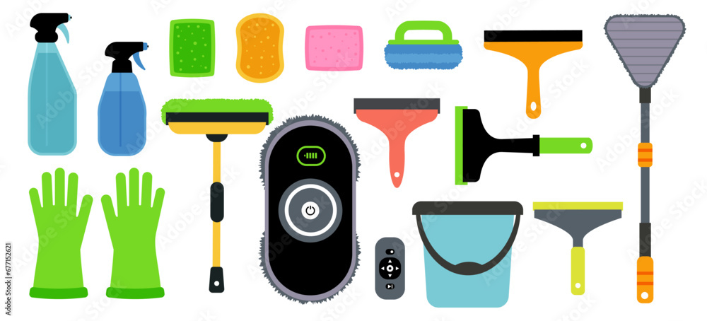Cleaning tools. Big set of Cartoon cleaning tools for washing window ...