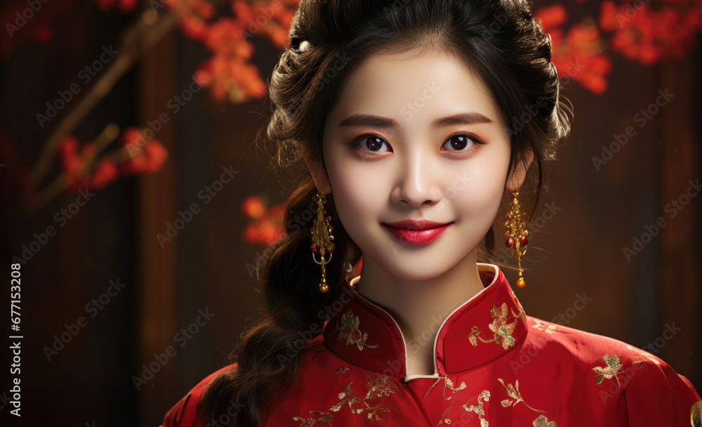 Vogue Chinese girl wears a red traditional clothing in Chinese lunar ...