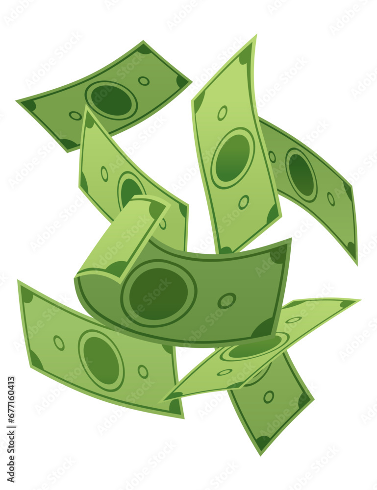 Cartoon money. Paper cash, bills fly. Keeping money in bank. Green ...