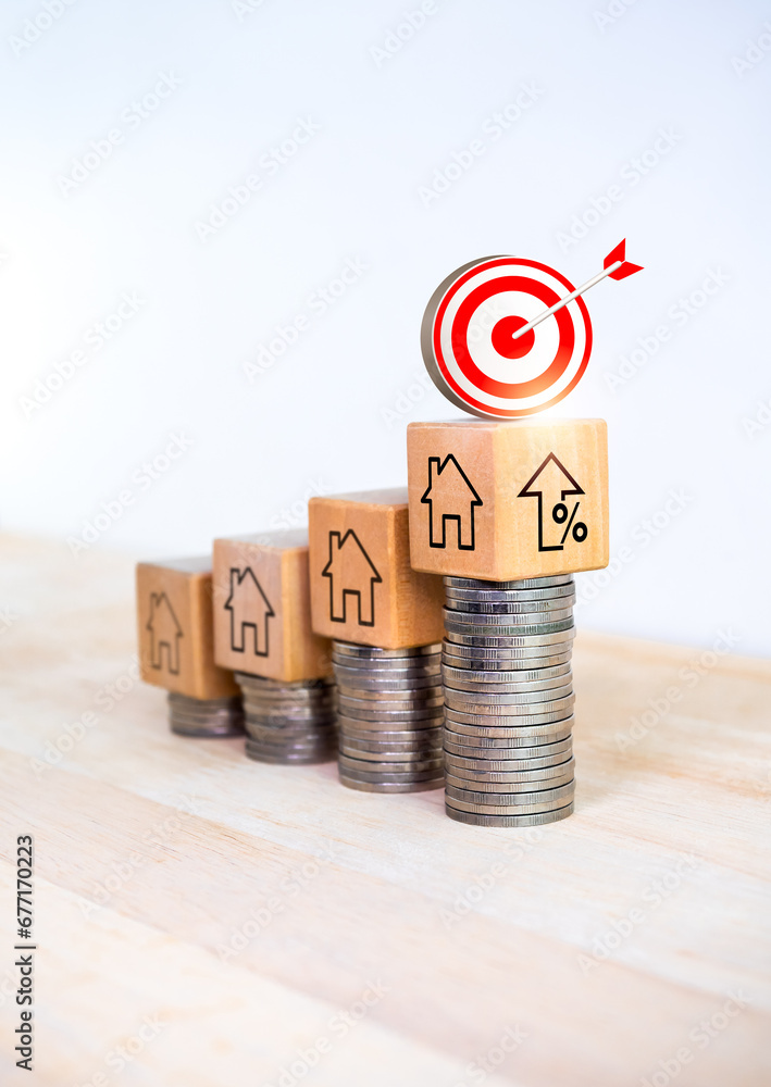 3d target icon on wooden cube block with rise percentage and home icons ...