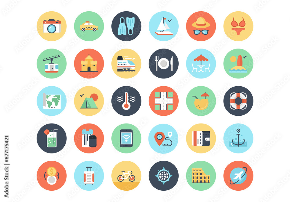 Vector set of leisure and tourism flat web icons. Each icon neatly ...