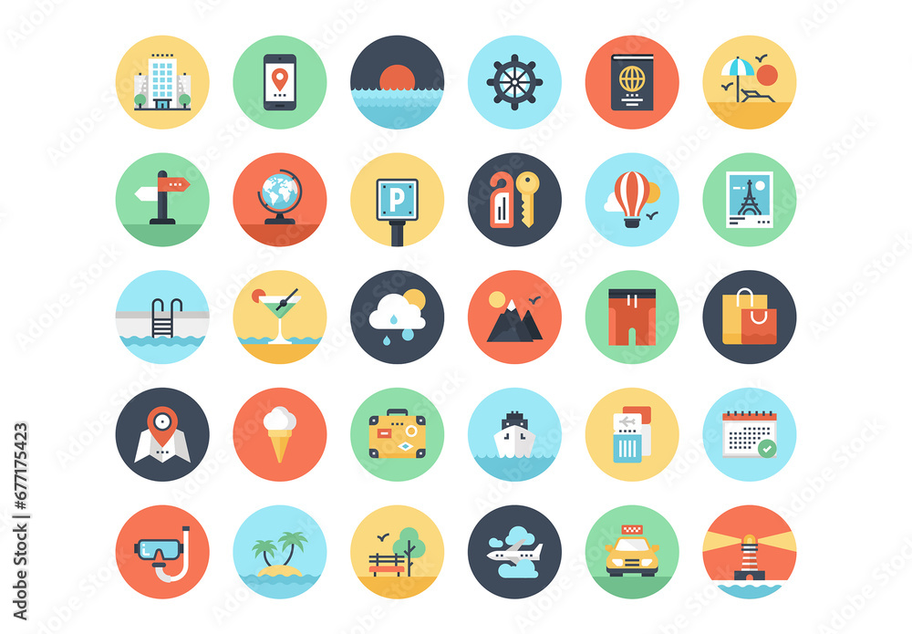 Vector set of travel and vacation flat web icons. Each icon neatly ...