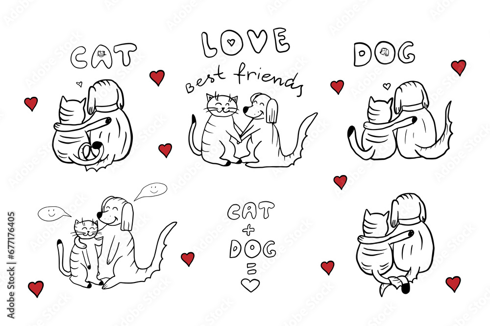 Cute set of cartoon cats and dogs in doodle style. Cat and dog hugging ...
