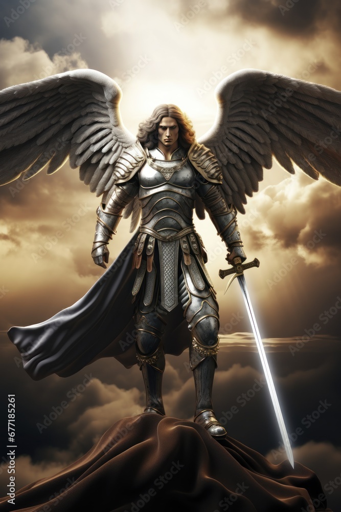Archangel Michael with wings in knight armor with sword rises in sky. Saint Michael Archangel ...