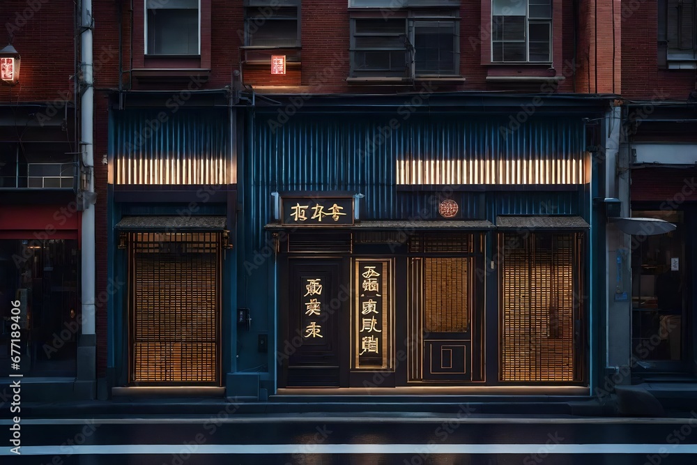 retro futuristic japanese storefront facade , neon glow ensigns ...