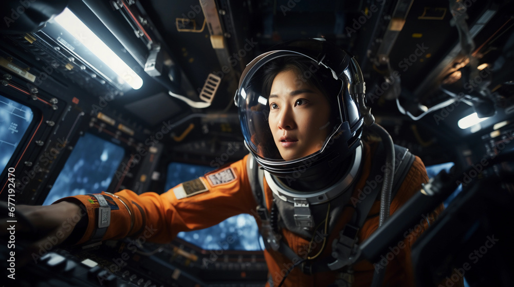 Asian female astronaut, floating inside the ISS, interacting with ...