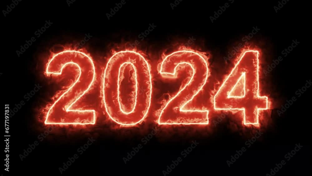 Fire glowing neon light 2024 text. Animated text 2024 neon glowing with ...