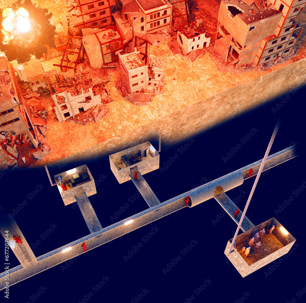 Middle Eastern city, buildings bombed end destroyed. Military ...