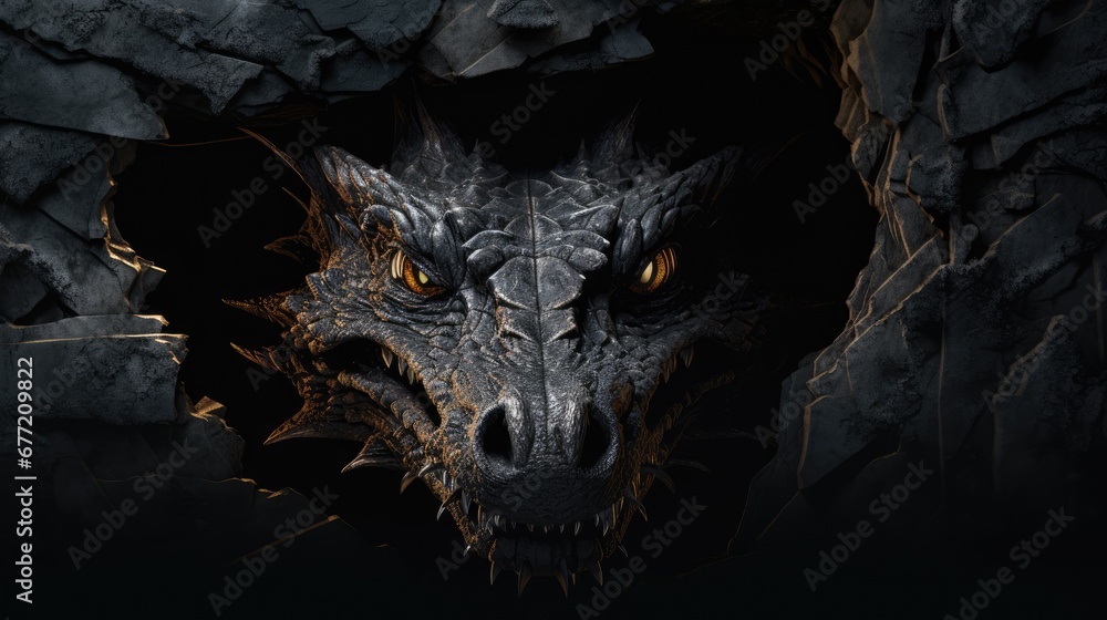 a dragon head in the middle of a dark cave, with its eyes glowing ...