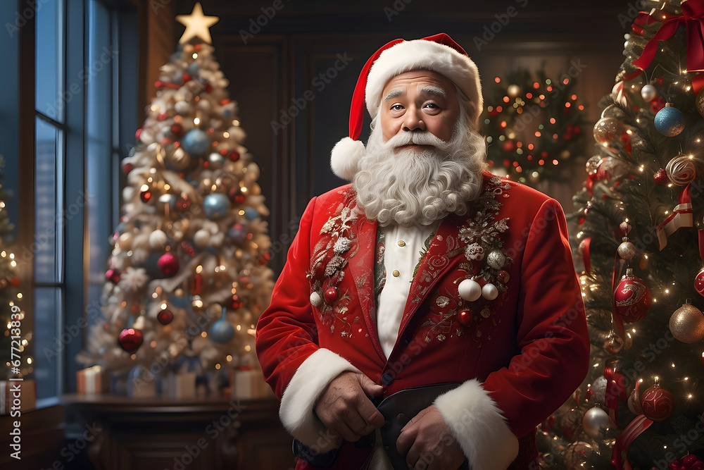 A photorealistic portrait of Santa Claus in a modern setting, wearing a ...