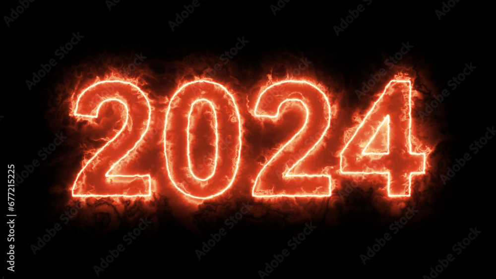 Fire glowing neon light 2024 text. Animated text 2024 neon glowing with ...