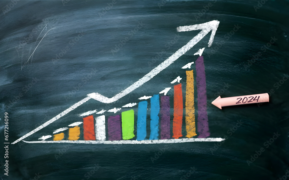 Graph on blackboard, chalk lines showing progress. 2024 growth and ...