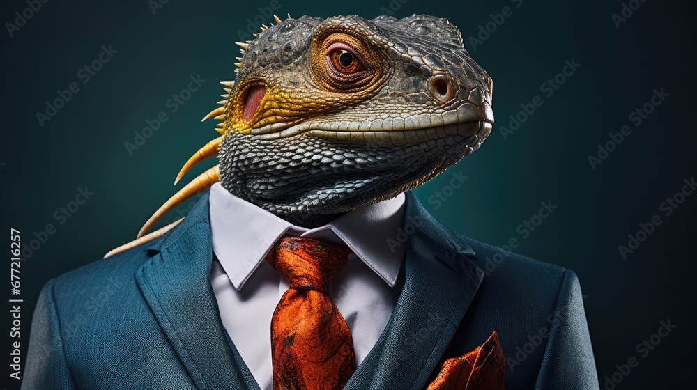 a man in a suit and tie with a lizard's head sticking out of his suit ...