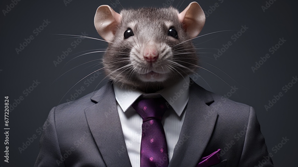 a rat wearing a suit and tie with a suit jacket and tie on it's lapel ...