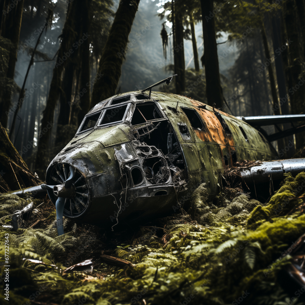 Decayed Plane Wreck Shrouded by Mist & Light Beams in Forest: Oxidized ...