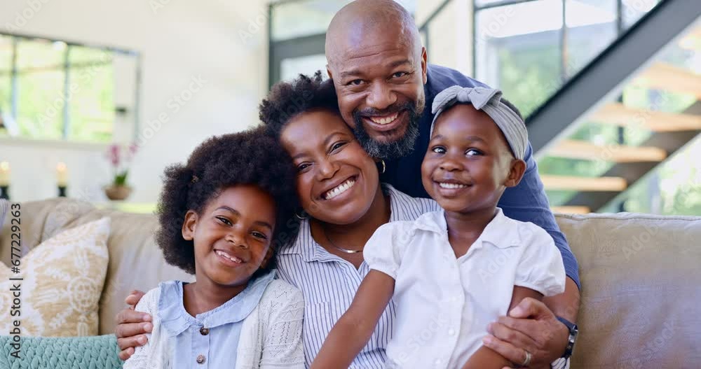 Happy family, portrait and hug on sofa, parents and children for ...