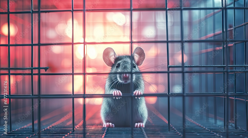 a rat sitting inside of a cage in front of a red and blue background ...
