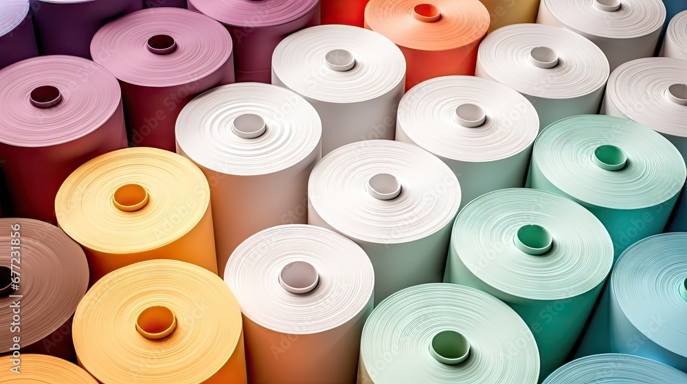 a group of rolls of colored paper sitting next to each other on top of ...