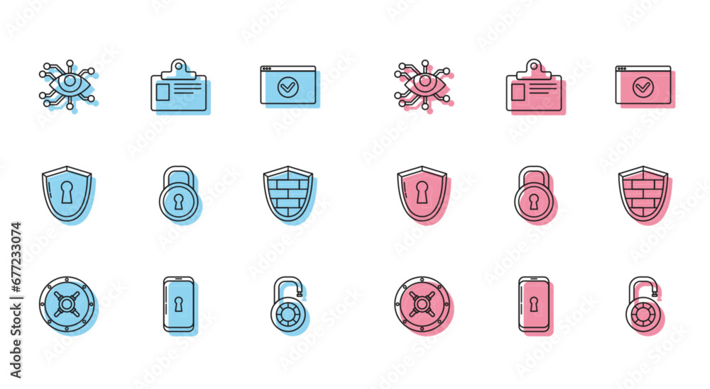 Set line Safe, Smartphone with lock, Eye scan, combination wheel, Lock, Shield cyber security ...