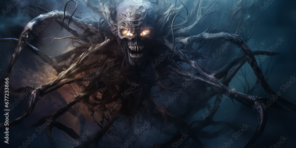 Scary monster with glowing eyes coming out of the darkness Stock ...