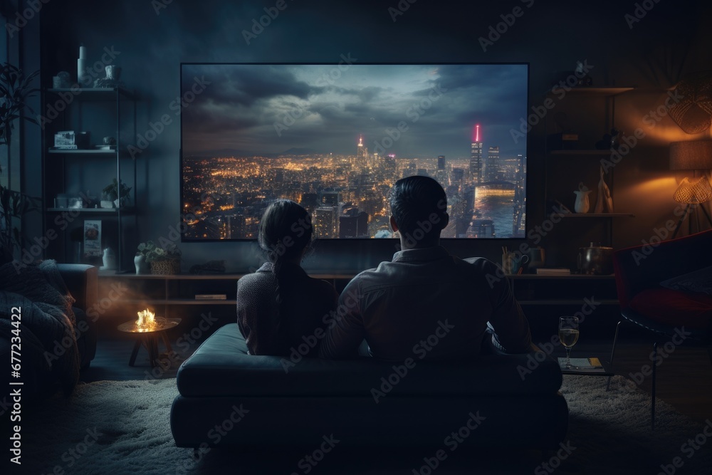 Cozy Movie Night: Young Couple Enjoying a Relaxing Evening Watching TV ...