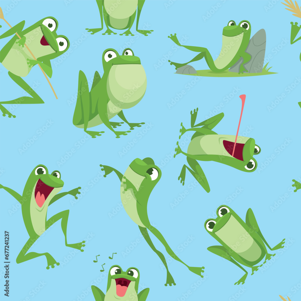 Frogs pattern. cartoon happy frogs jumping standing sitting. Vector ...