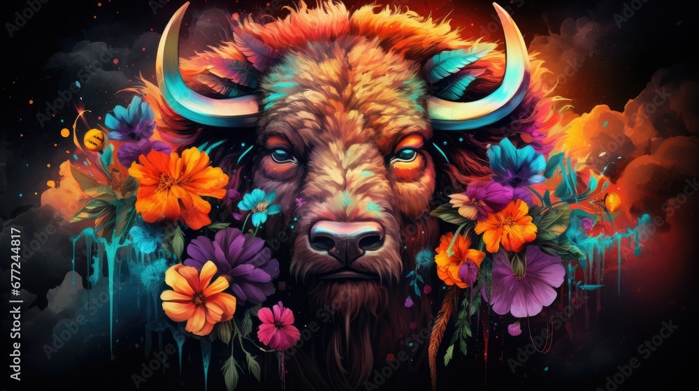 a painting of a bison with colorful flowers on its head against a dark ...
